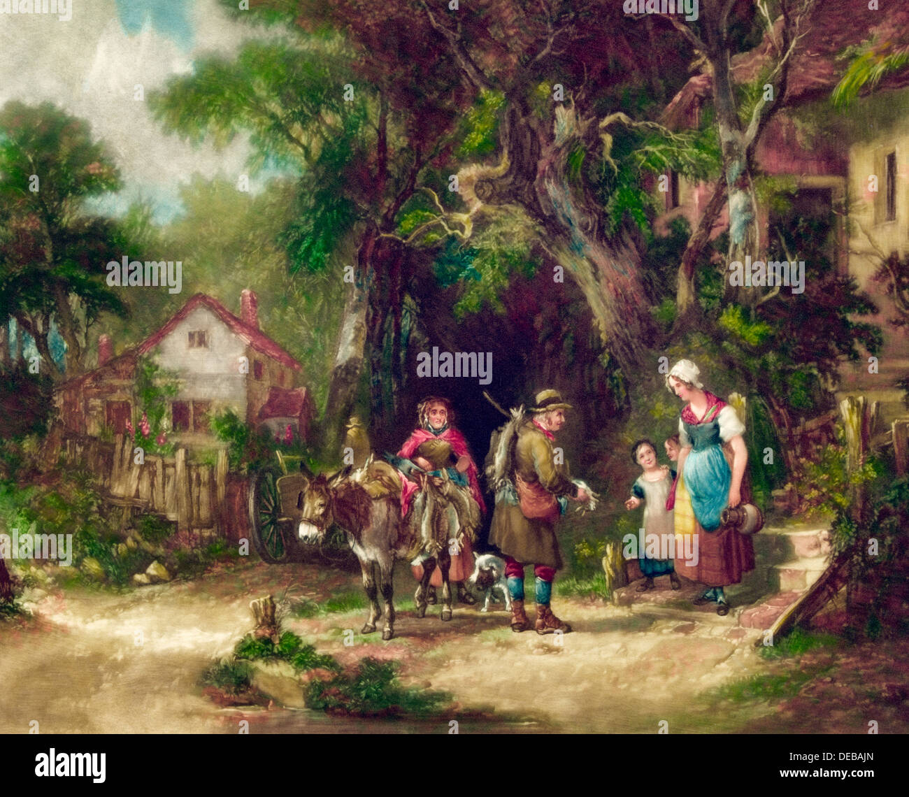 The rabbit man - Hunter with rabbits in village, circa 1850 Stock Photo ...