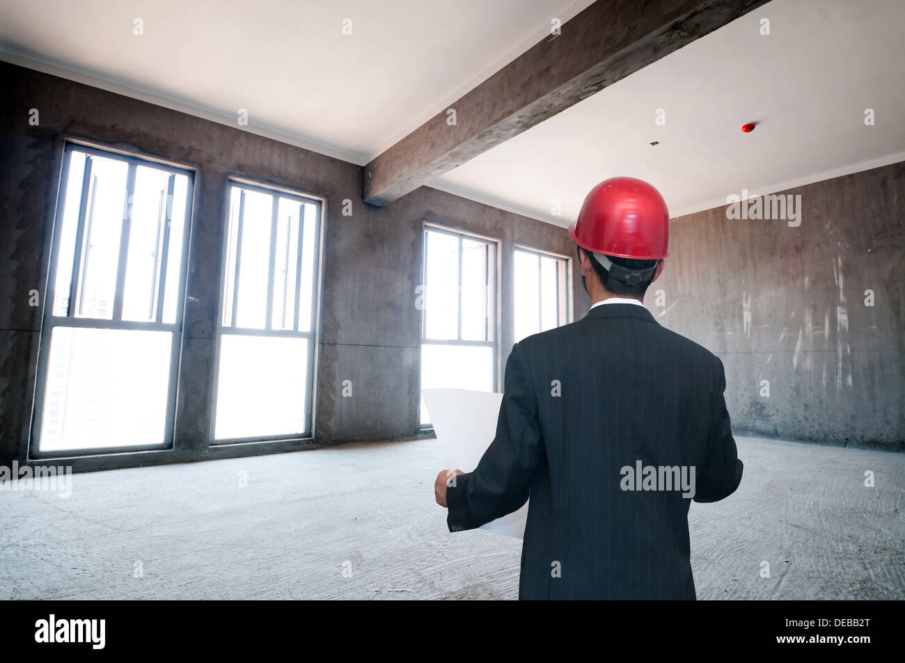 Rear view of architect looking comparing housing project with building ...
