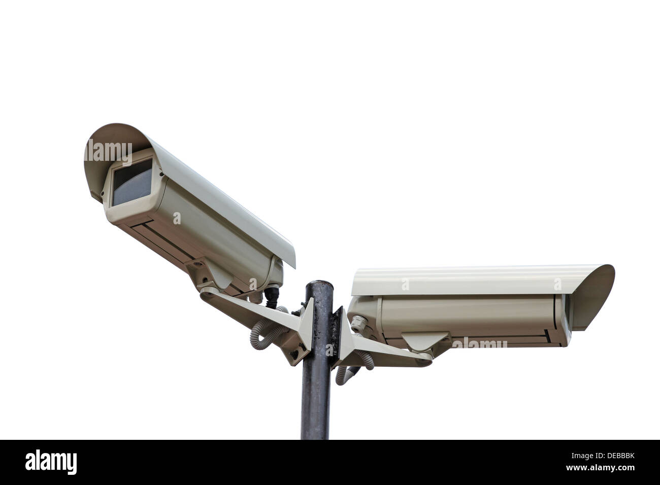 Two security cameras camera on white background Stock Photo - Alamy