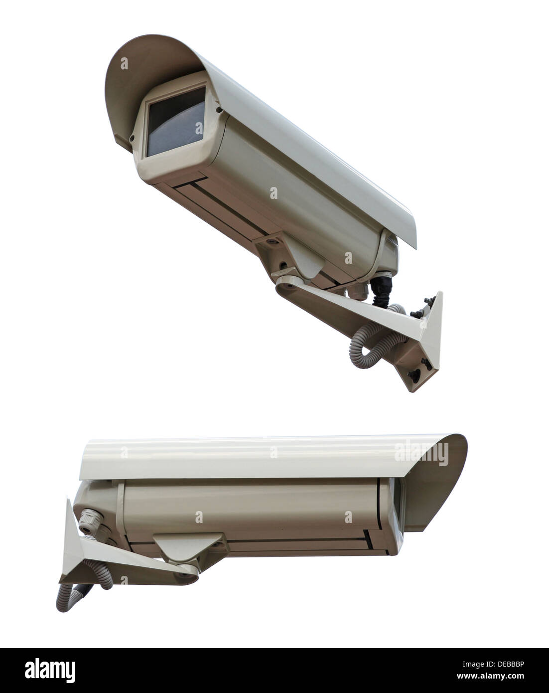 Two security cameras camera on white background Stock Photo - Alamy