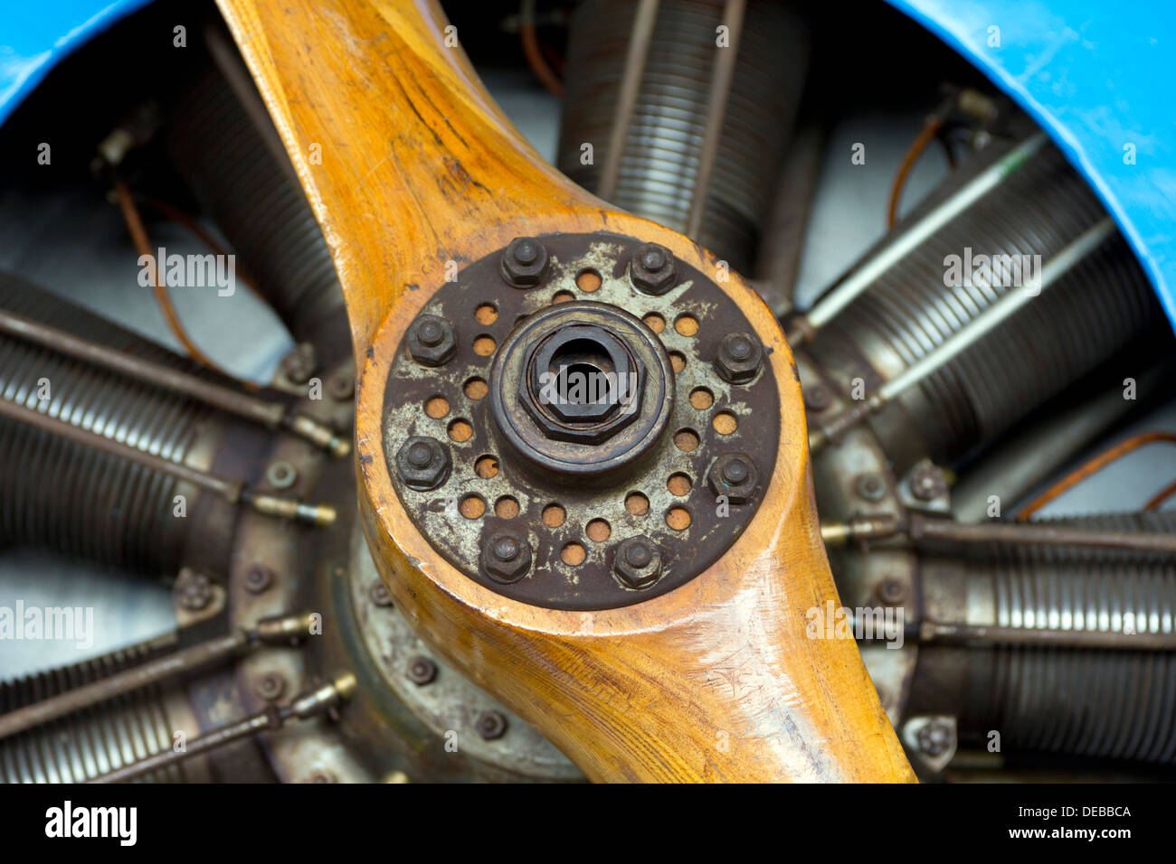 Old aircraft engine with wood propeller, vintage plane close up Stock ...