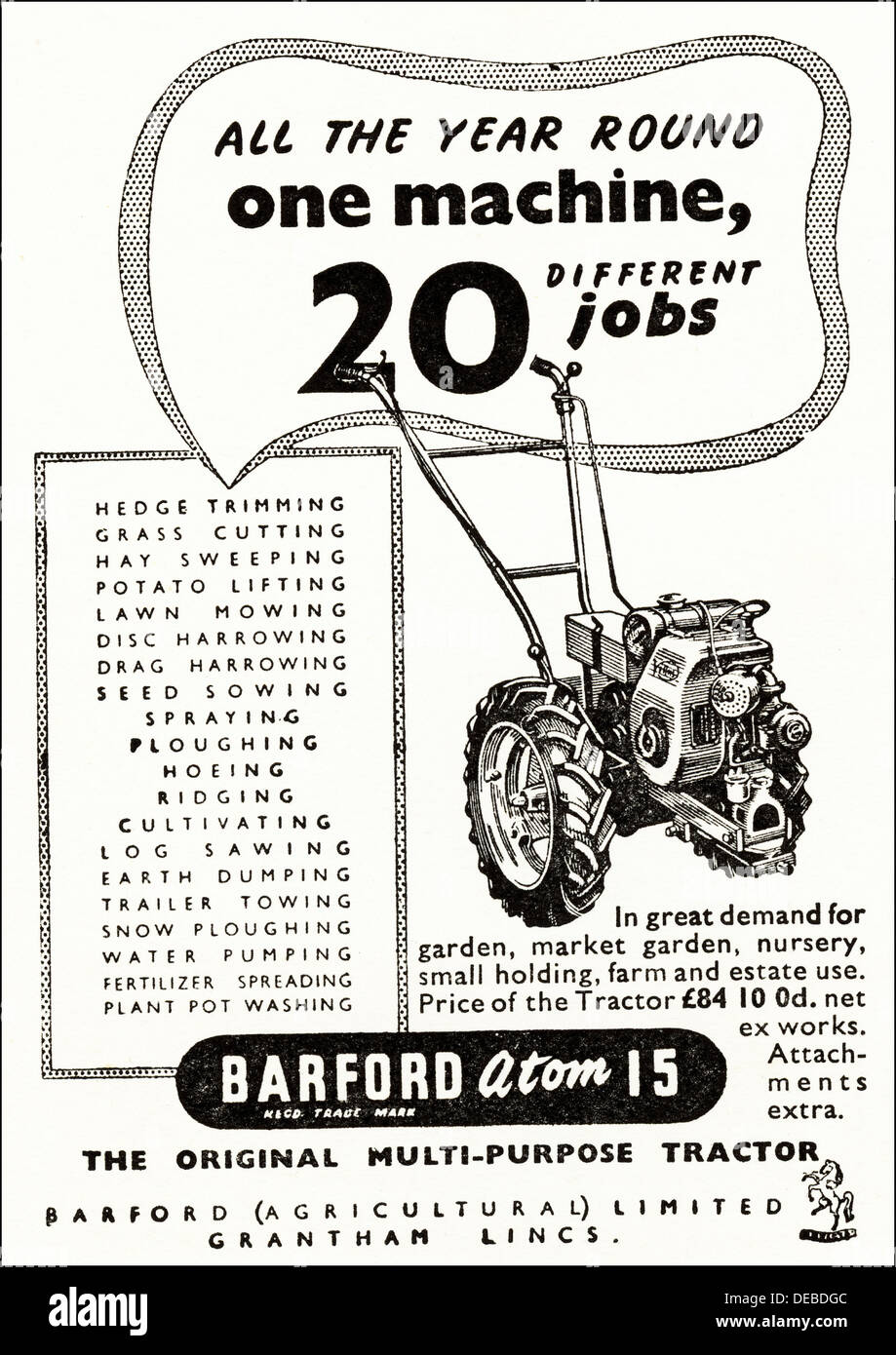 Advertisement advertising BARFORD ATOM 15 multi-purpose tractor of ...