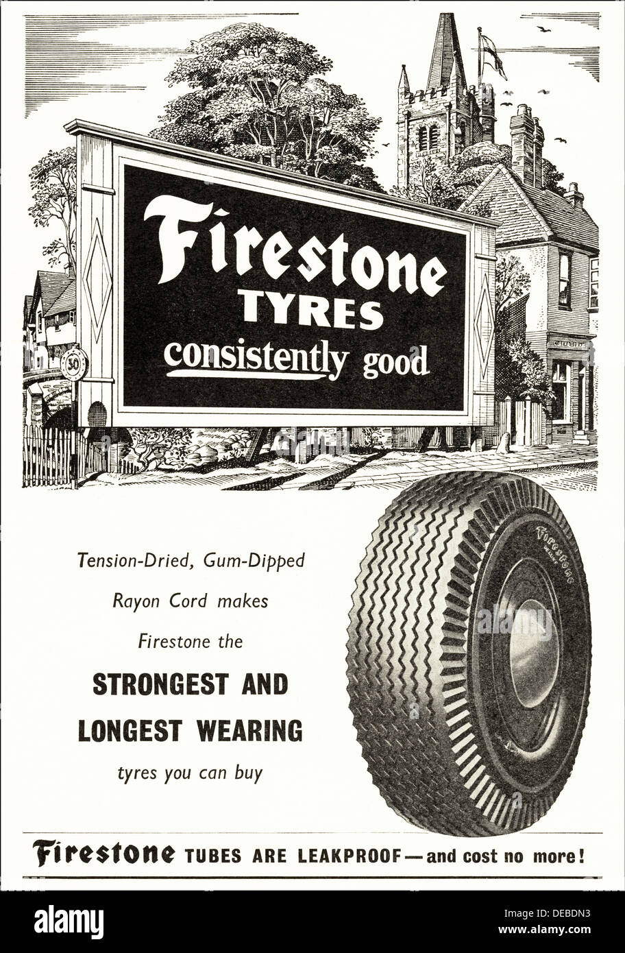 Advertisement advertising FIRESTONE car tyres magazine advert circa 1954 Stock Photo - Alamy