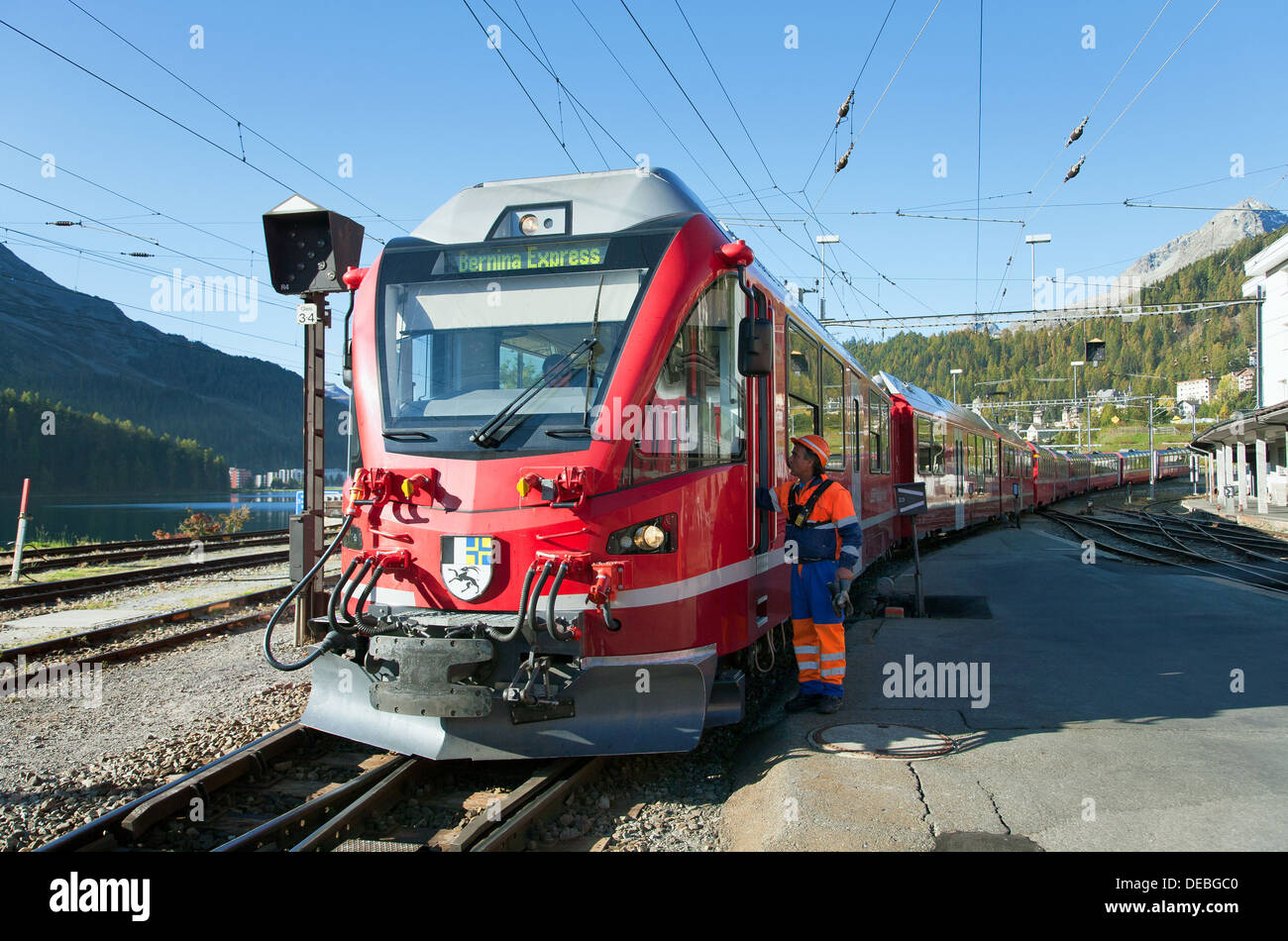 St. Moritz, Switzerland, the Bernina Express at the railway station ...