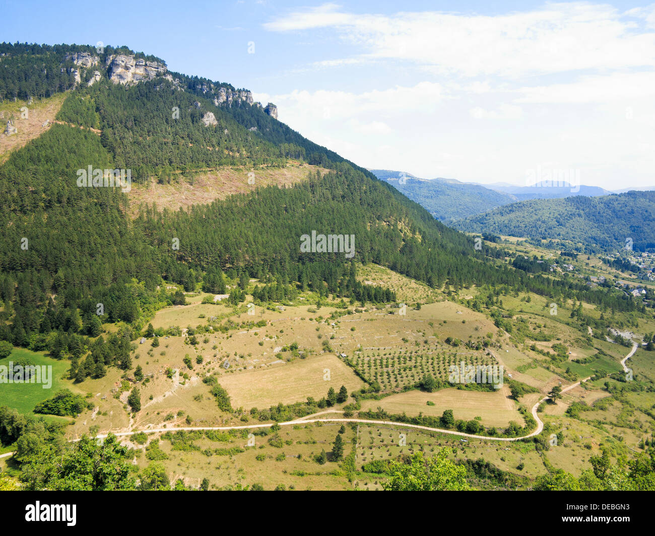 Road descending into the valley of the River Tarn in the Parc National ...