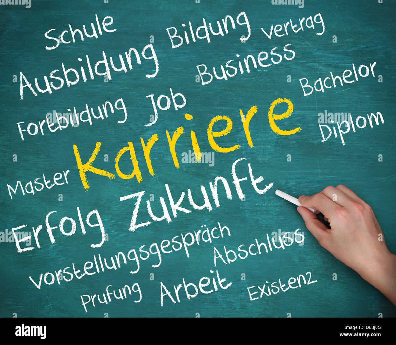 Hand holding a chalk and writing several words about career in german ...
