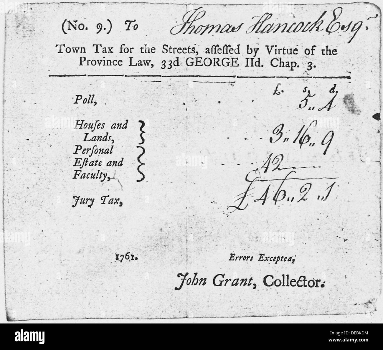 The Thomas Hancock tax bill from 1761 reflects early American colonial ...