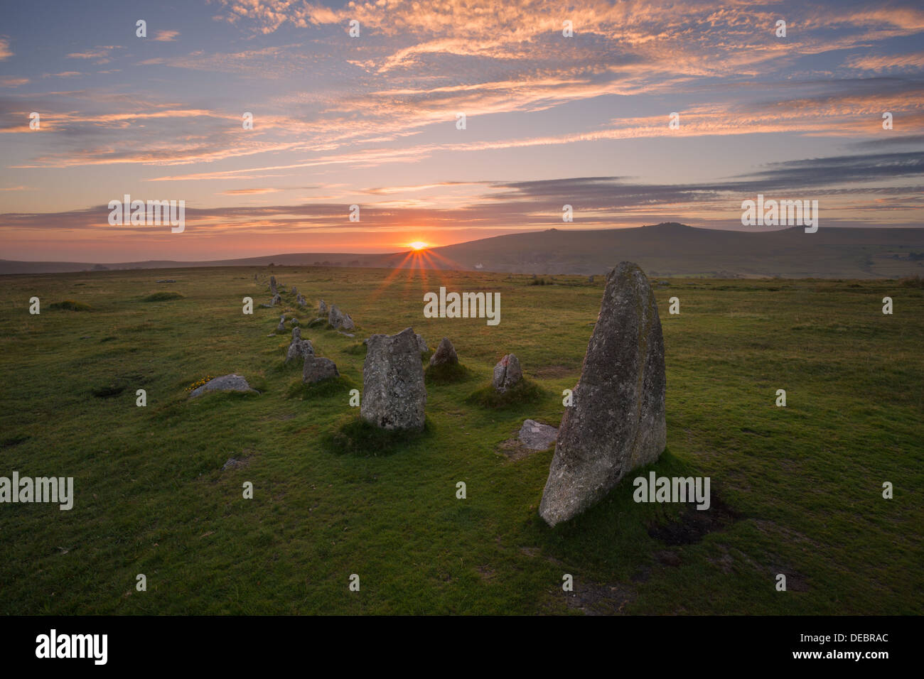 Sunset at Merrivale double stone rows, Dartmoor National Park Devon Uk ...