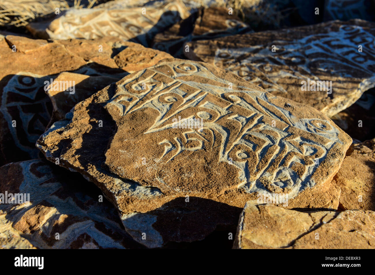 Mani stone with mantra "Om Mani Padme Hum", Korzok, Ladakh, Jammu and ...