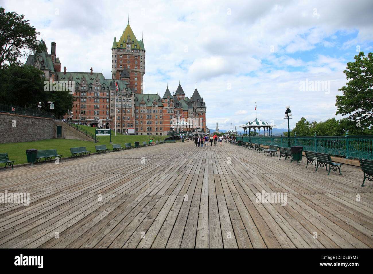 Wooden boardwalk on terrace Dufferin and Chateau Frontenac, Quebec City ...