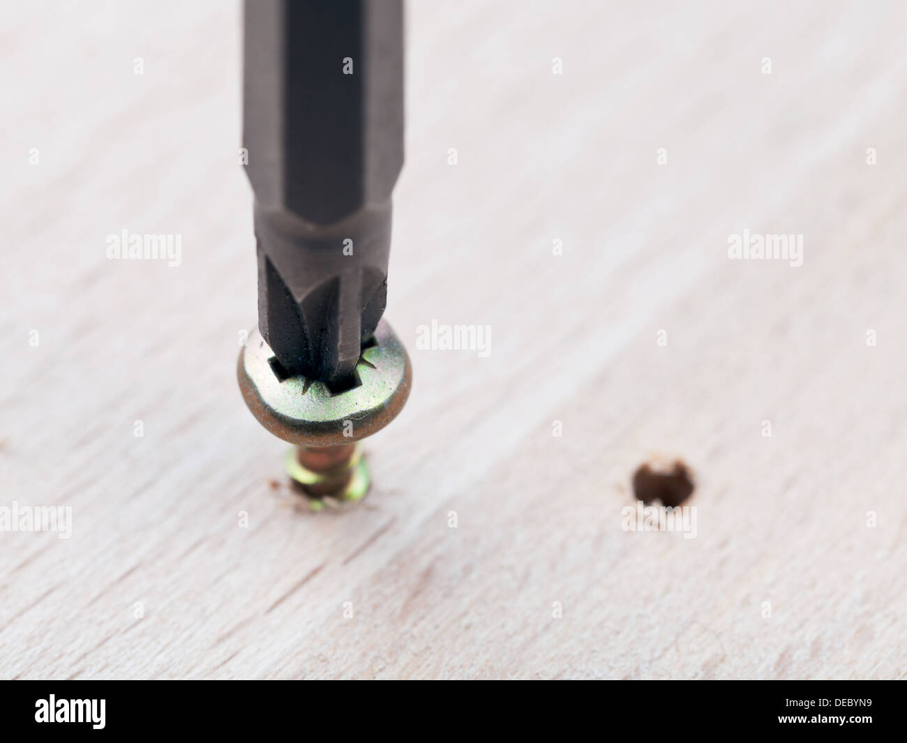 screw screwed into wooden board close up Stock Photo - Alamy