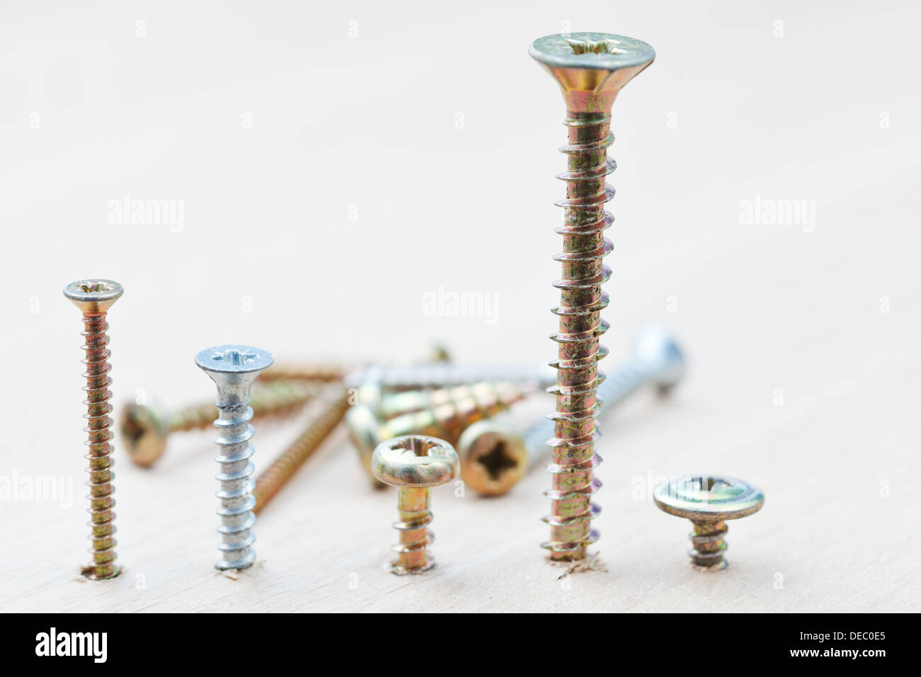 different screws wrapped in wooden board and heap of spare screws Stock ...