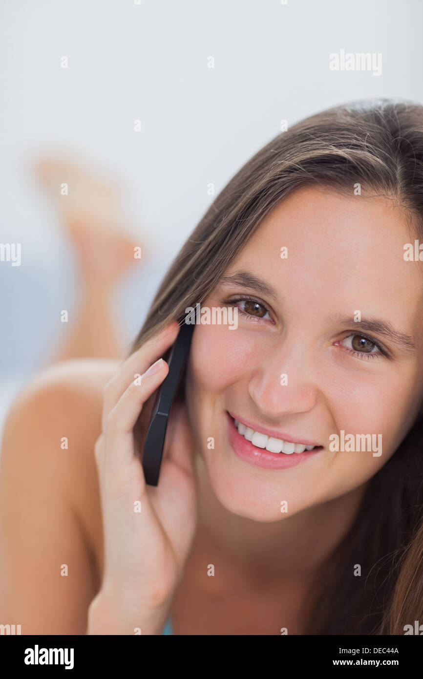 Happy brunette woman talking hi-res stock photography and images - Alamy