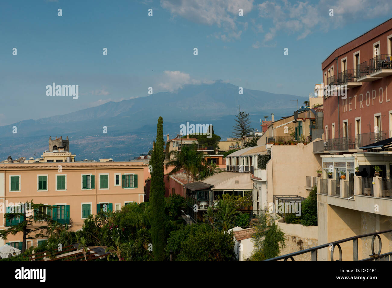 A view toward Mt. Etna from Piazza IX Aprile in Taormina, Sicily, Italy ...