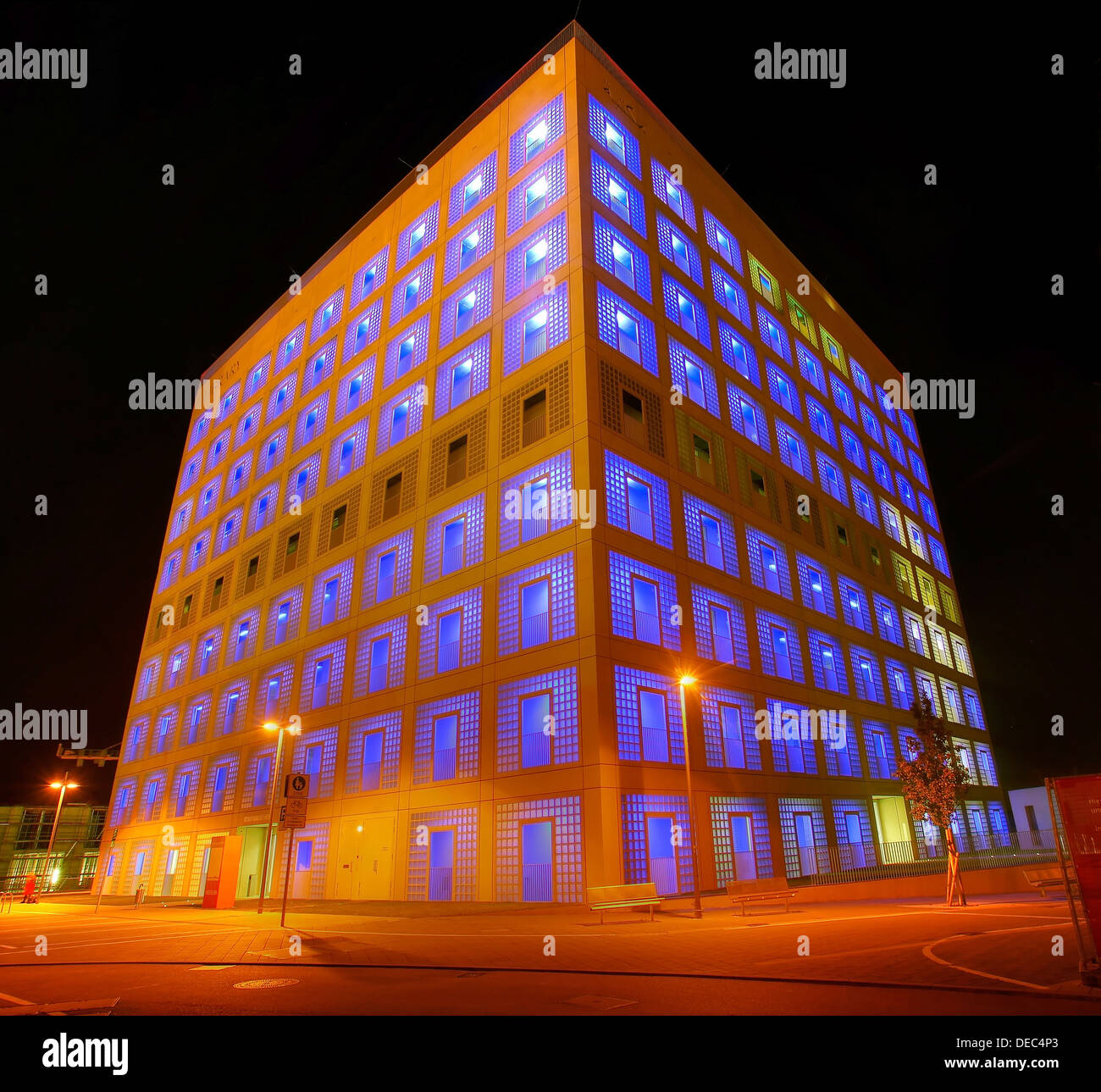 Public library at Mailaender Platz square, at night, Stuttgart, Baden ...