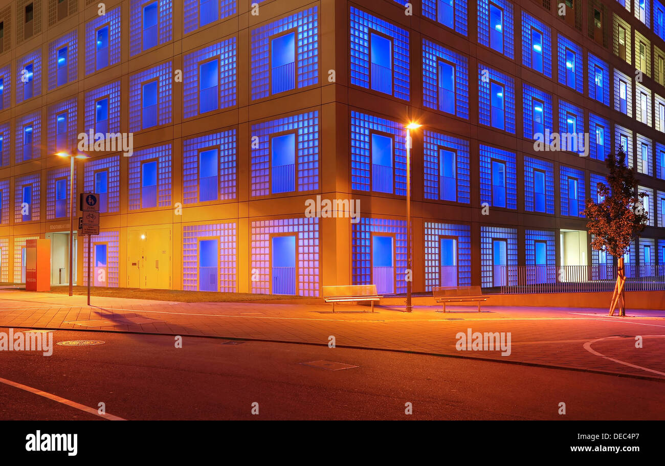 Public library at Mailaender Platz square, at night, Stuttgart, Baden ...