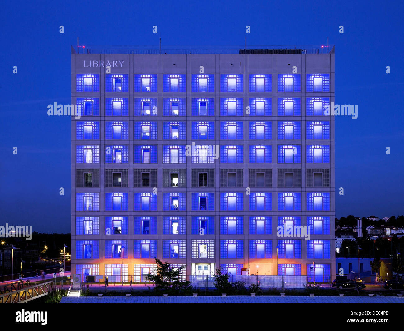 Public library at Mailaender Platz square, at night, Stuttgart, Baden ...