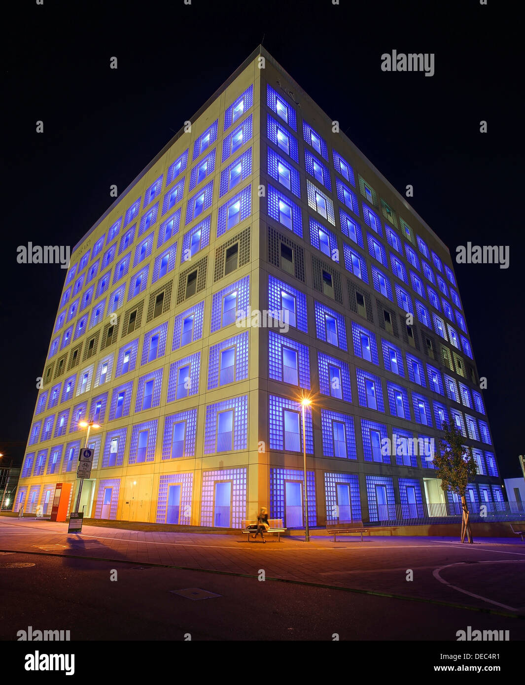 Public library at Mailaender Platz square, at night, Stuttgart, Baden ...