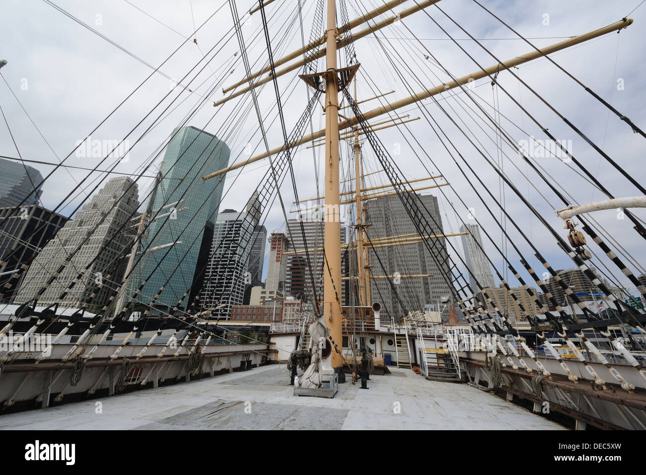 Lower Manhattan as seen through the rigging of the South Street Seaport ...