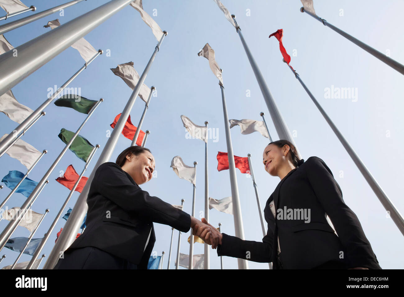 Two businesswomen shaking hands with flags in background Stock Photo ...