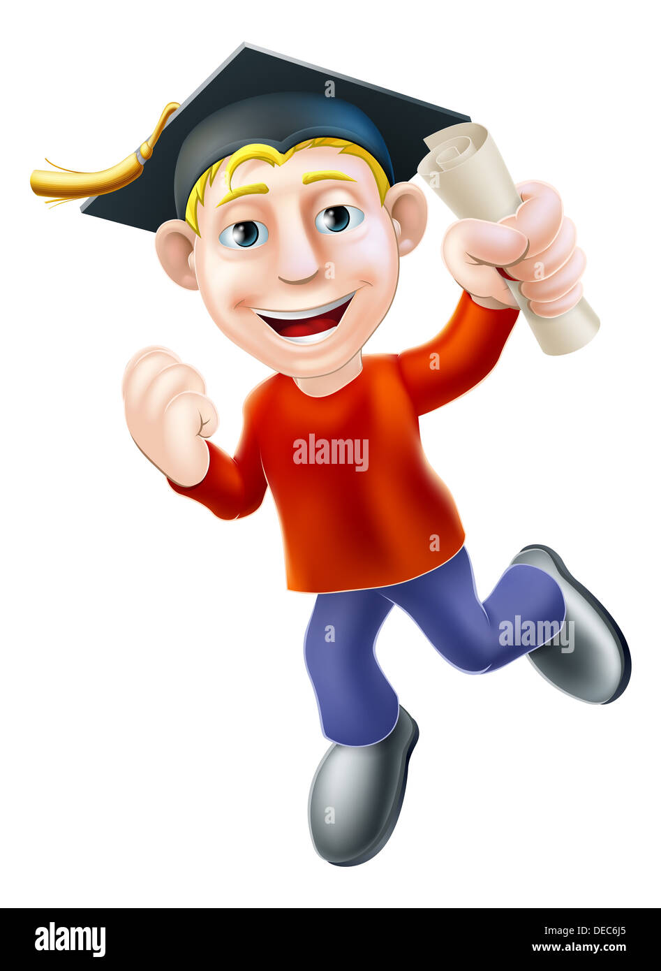 Cartoon man with certificate, qualification or other scroll jumping for ...