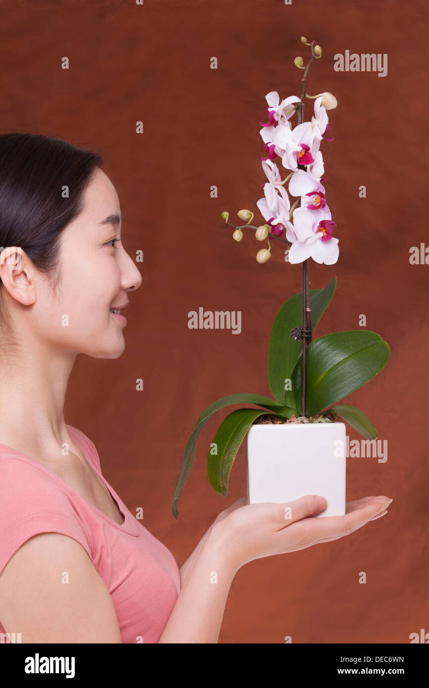 Side view of young woman holding a flower in a flower pot, studio shot ...