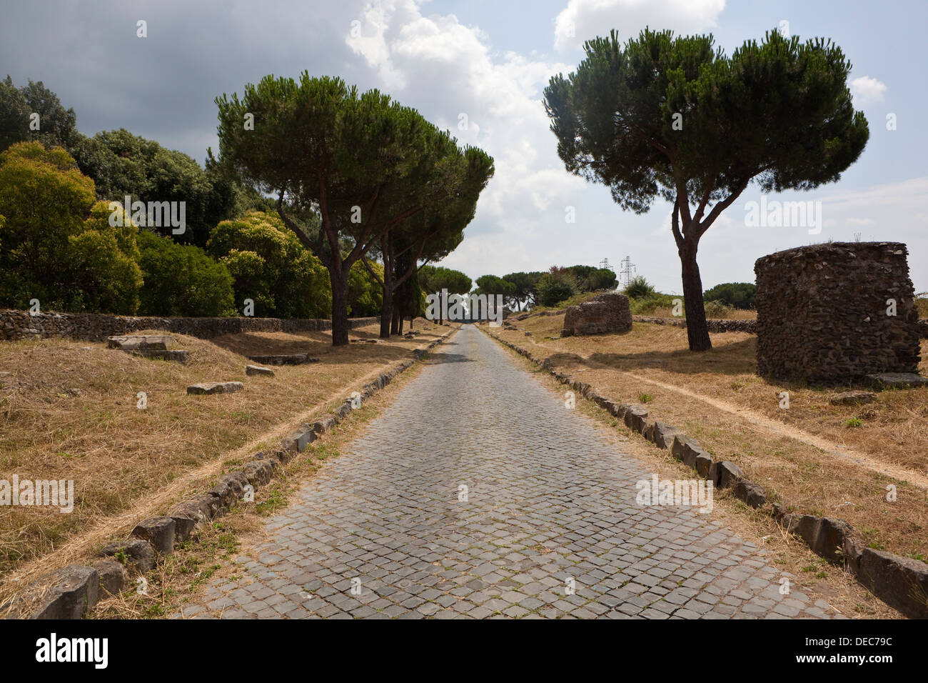 A view of the Appia Antica in Rome, Lazio, Italy, lined with cypress ...