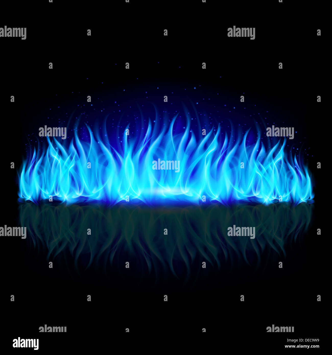 Wall of blue fire with weak reflection on black background Stock Photo ...