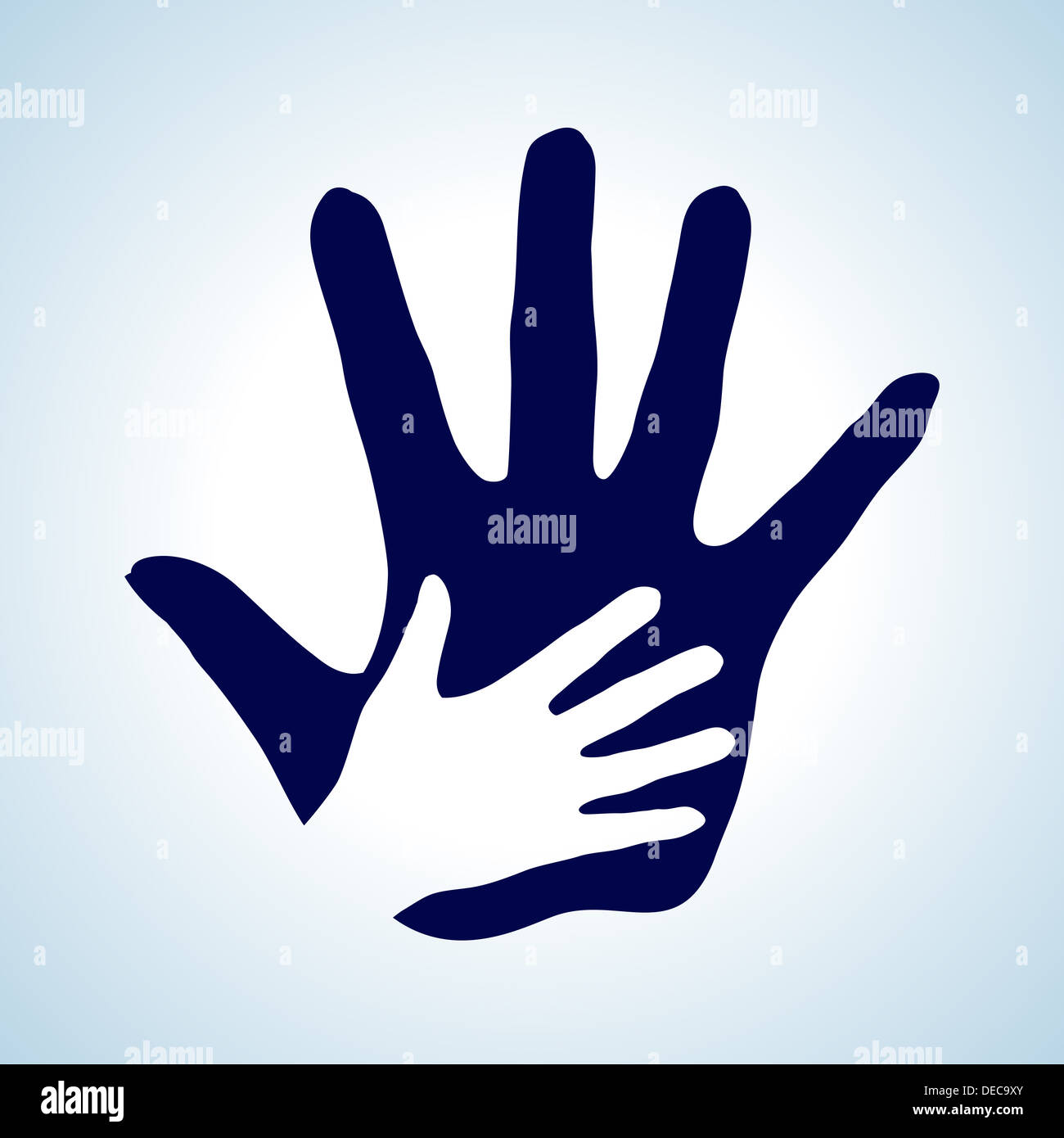 Hand in hand illustration in white and blue. Help, assistance and ...