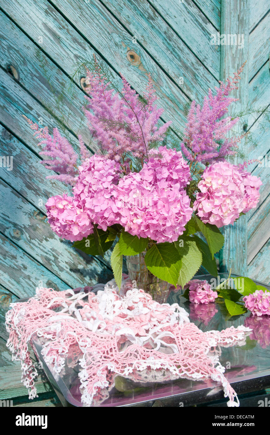Still life bouquet with pink hydrangea and astilba Stock Photo - Alamy