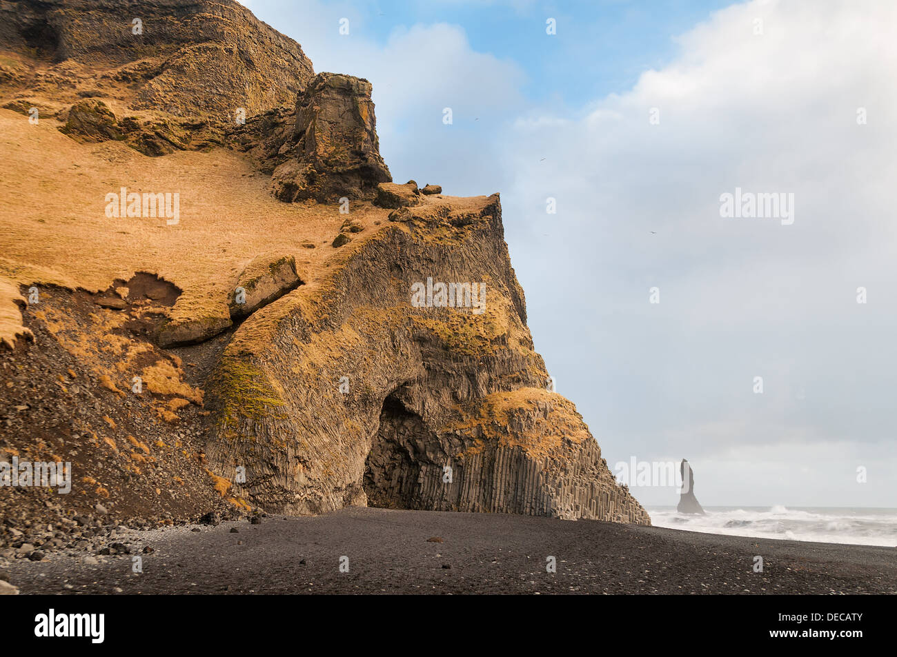 View of Reynisfjara rock formations on the beach at Halsanefhellir ...