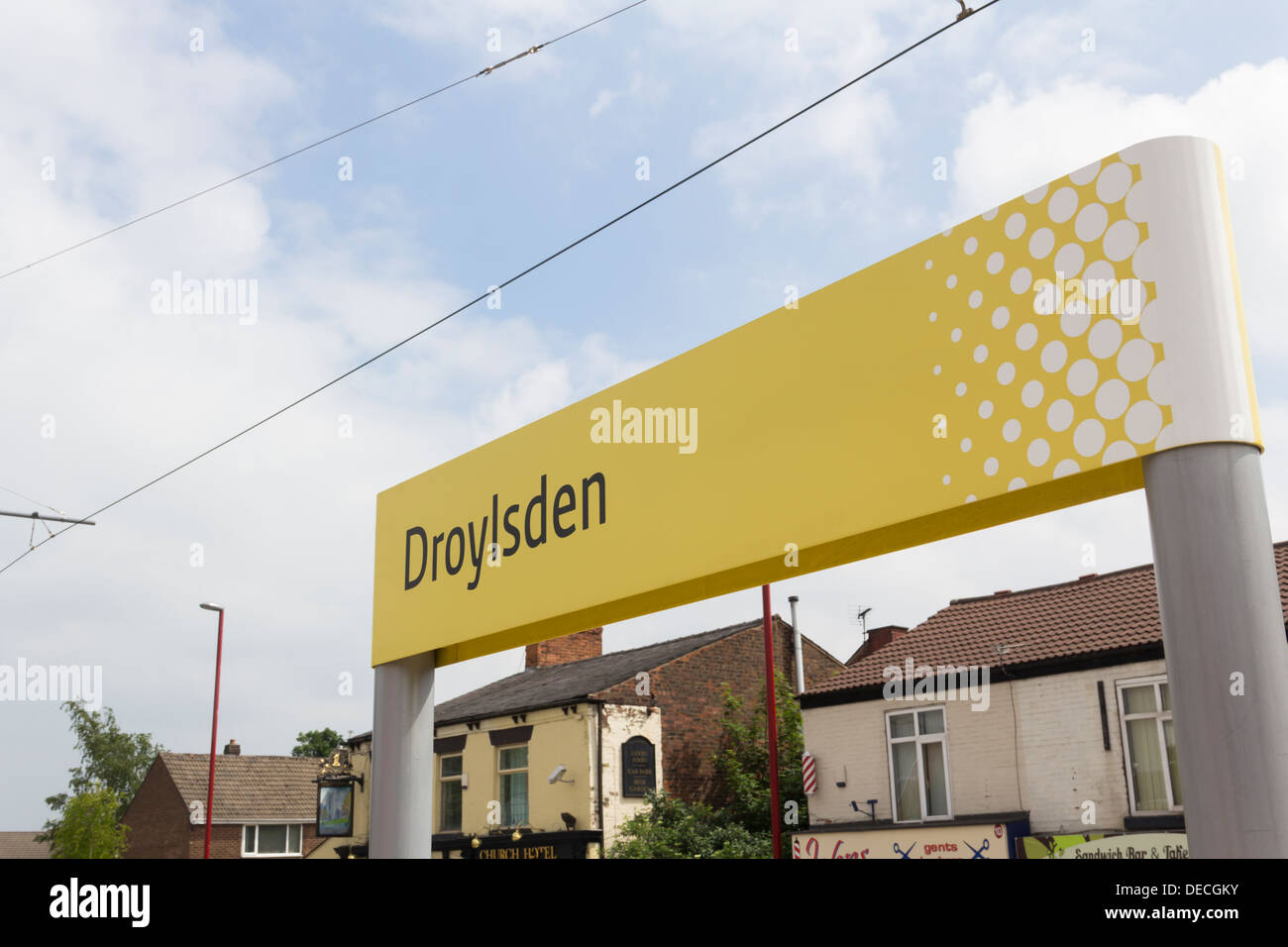 Sign on the Manchester Metrolink tram station at Droylsden Stock Photo ...