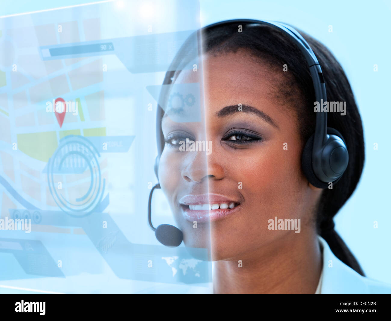 Beautiful call center worker using futuristic holographic interface ...