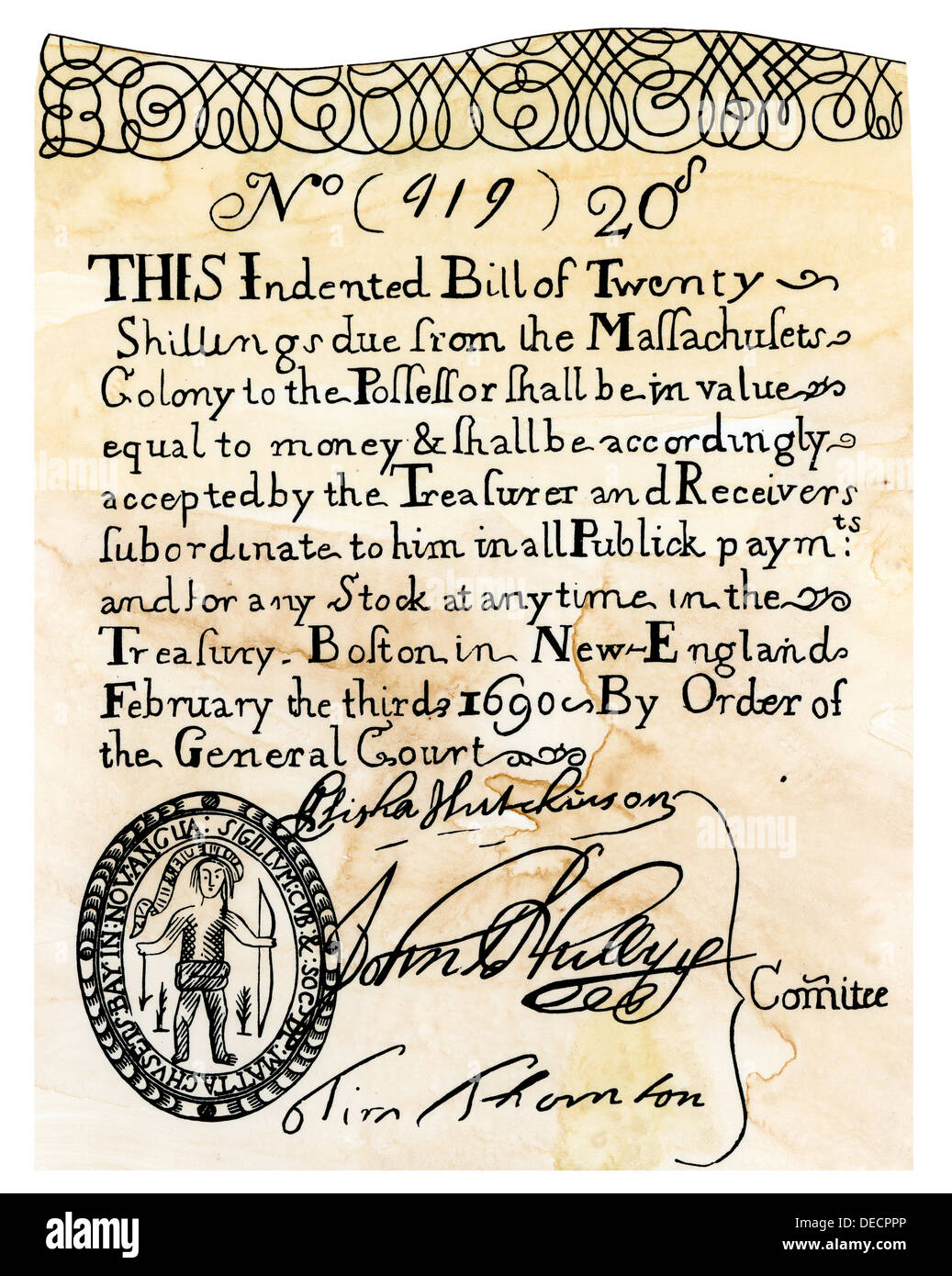 First American paper money, colonial Massachusetts, 1690. Woodcut with ...