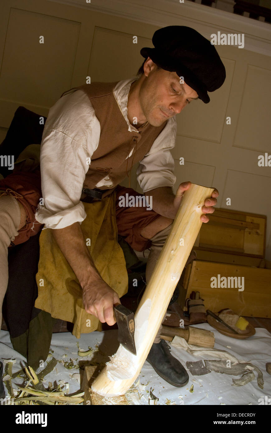 Man dressed in Tudor costume as a woodcutter at a heritage event day ...