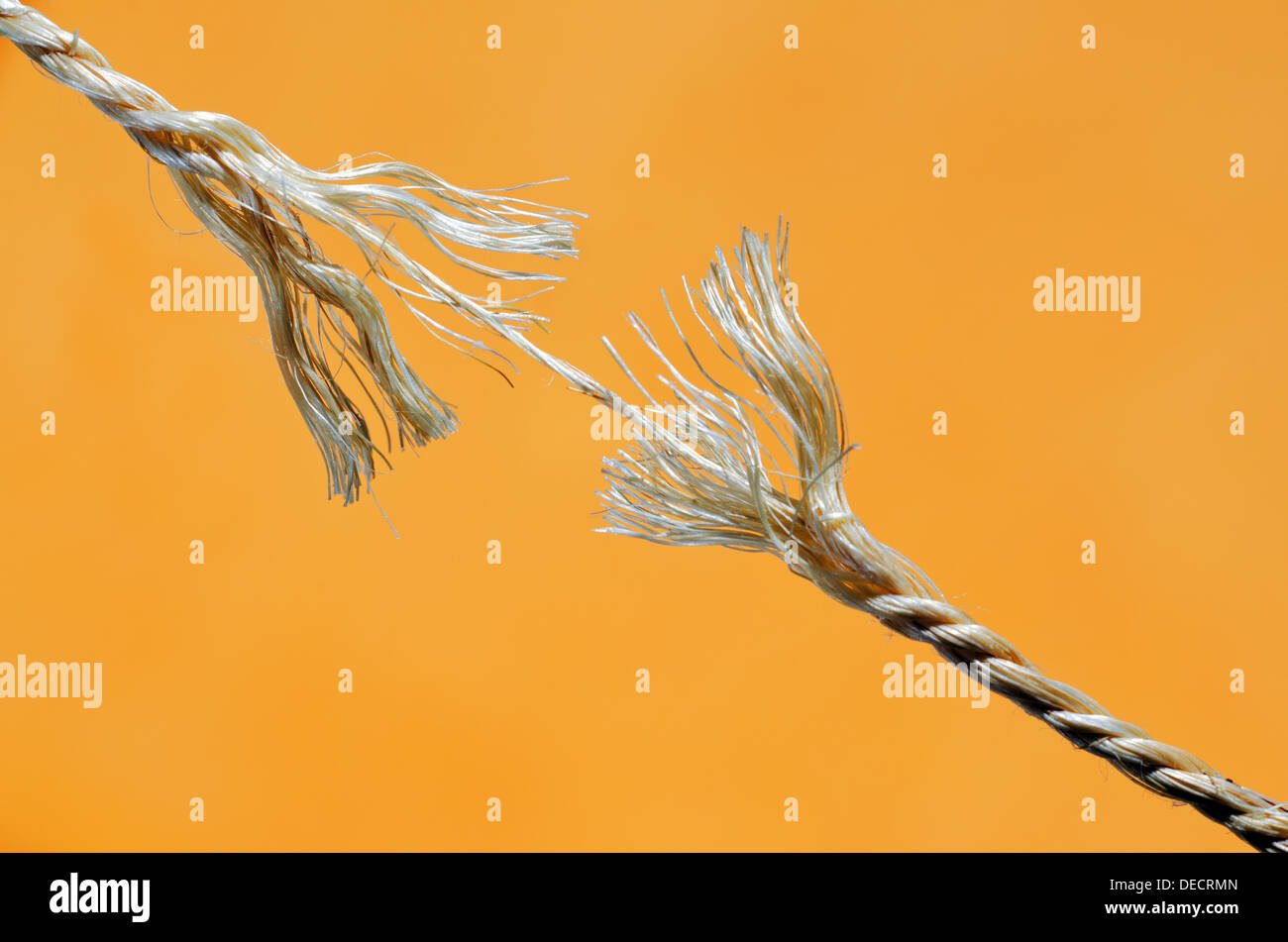 Frayed rope about to break. Isolated over yellow Stock Photo - Alamy