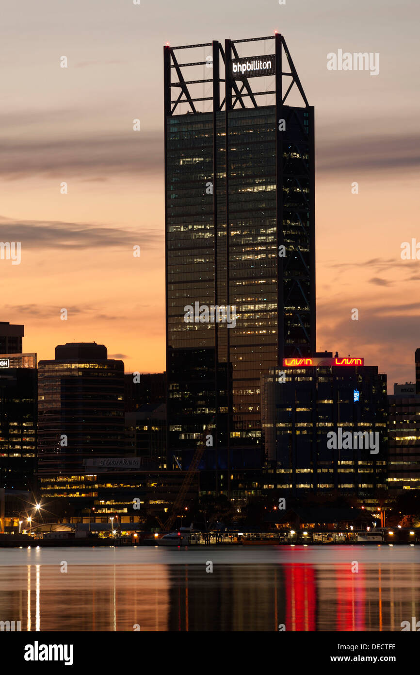 BHP Billiton Building, Perth City Skyline and Swan River by night ...