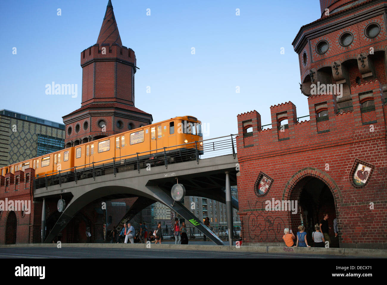 Berlin, Germany, subway train passes over the Oberbaumbruecke Stock ...