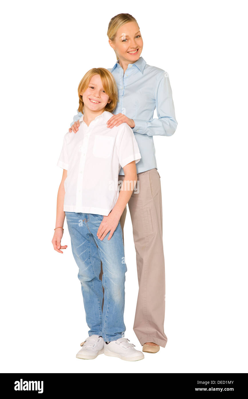mum and son standing and smiling isolated on white background Stock ...