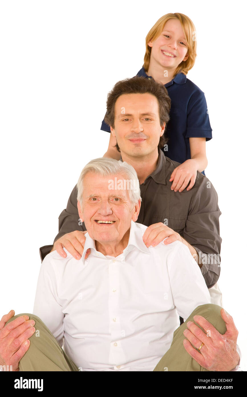 father gandfather with son nephew standing on white background Stock ...