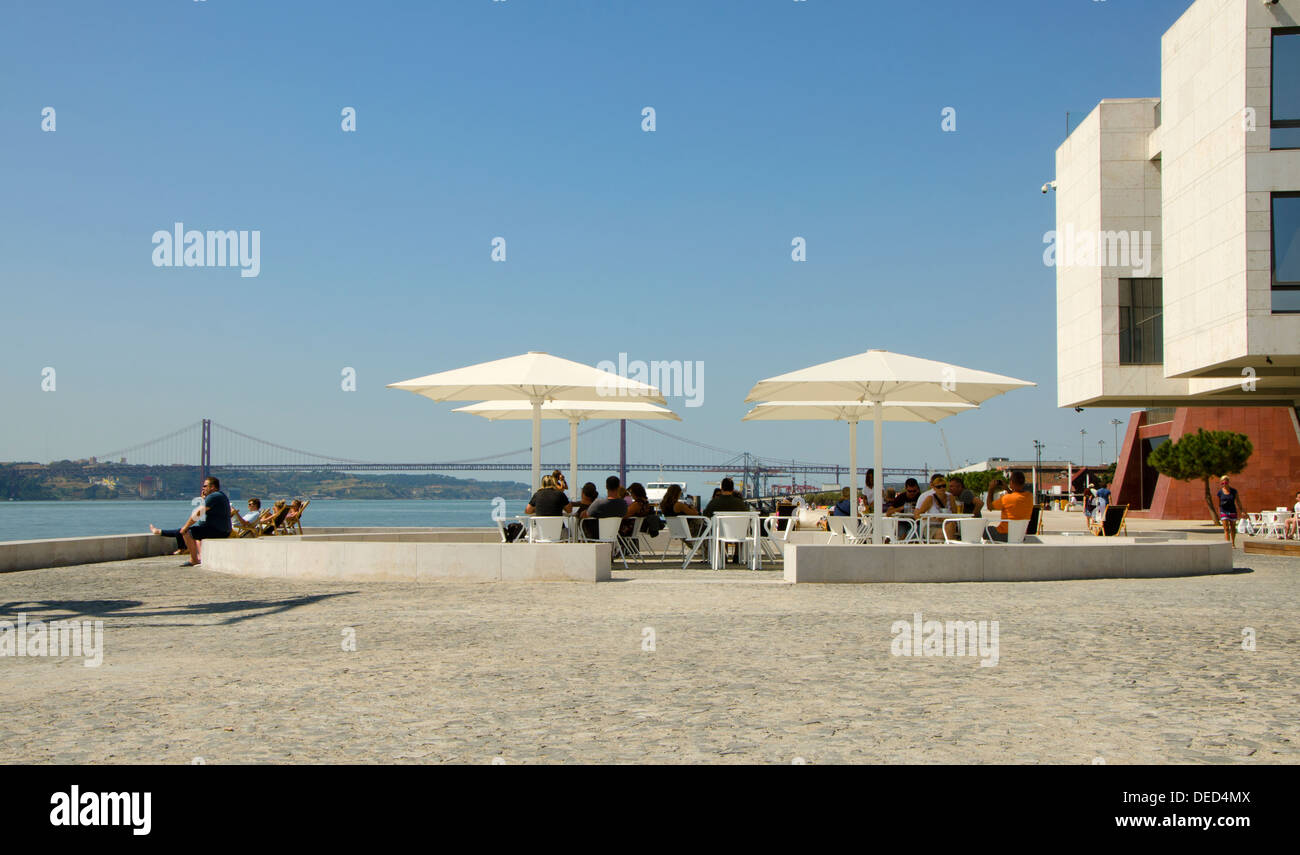 Waterfront terrace at Tagus river in Lisbon Portugal Stock Photo - Alamy