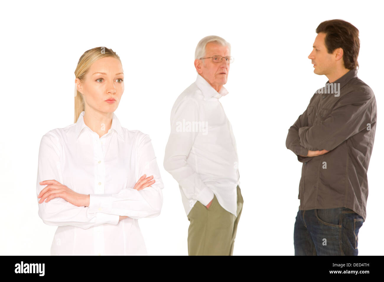 husband wife father in law standing on white background Stock Photo - Alamy