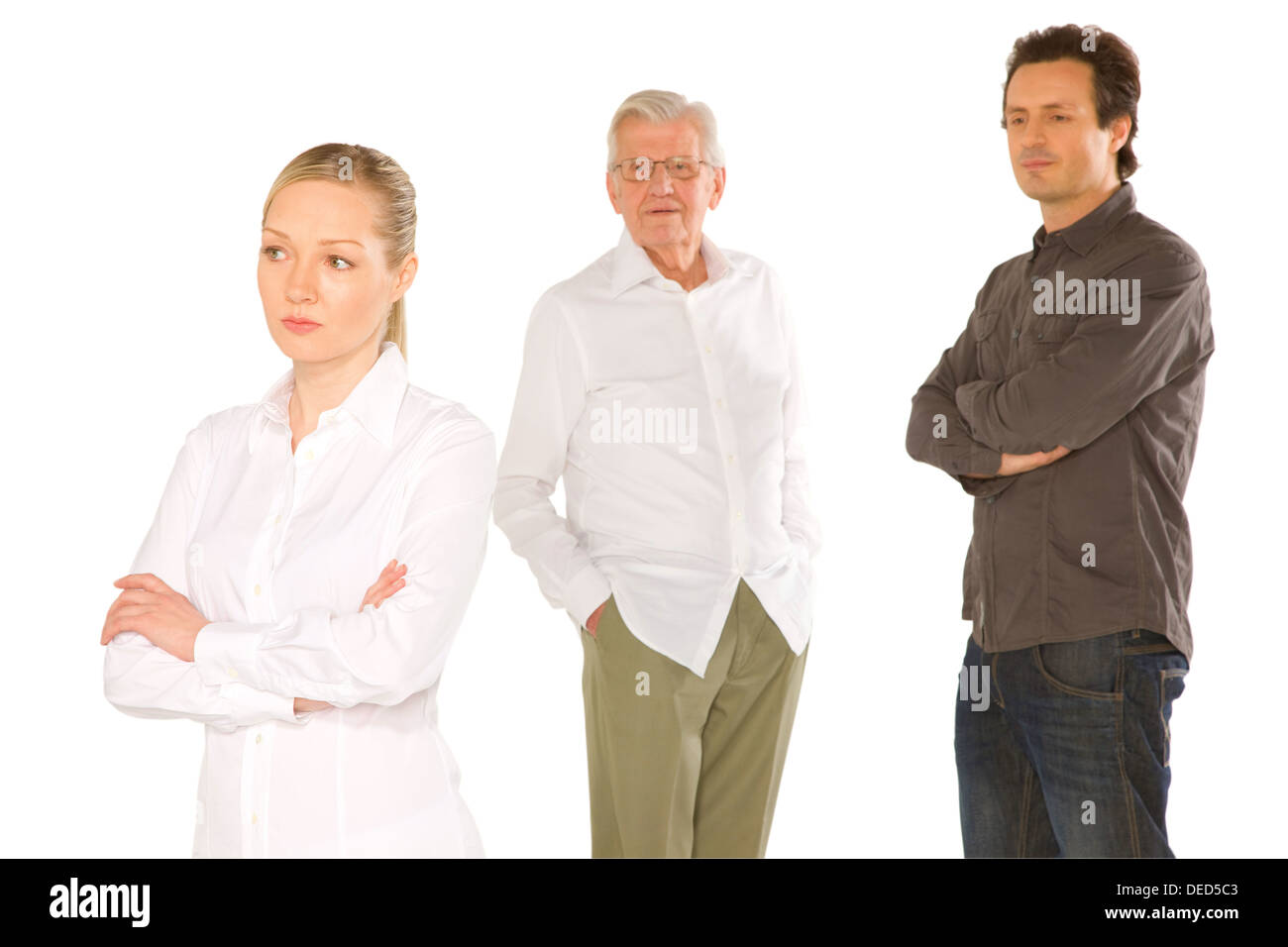 husband wife father in law standing on white background Stock Photo - Alamy