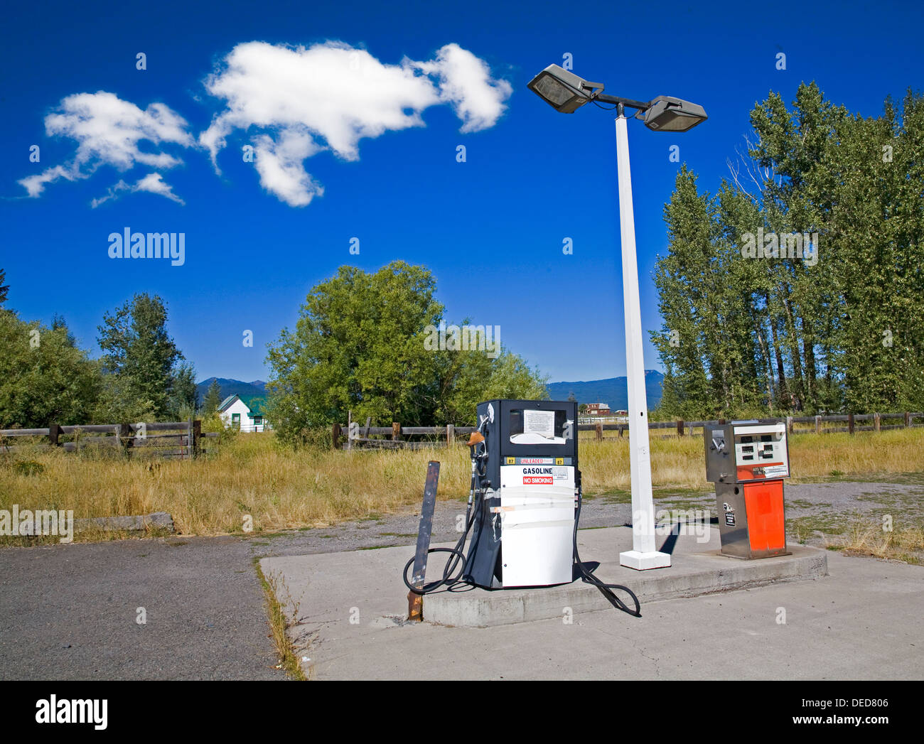 Battered gas pumps at an abandoned service station in Fort Klamath ...