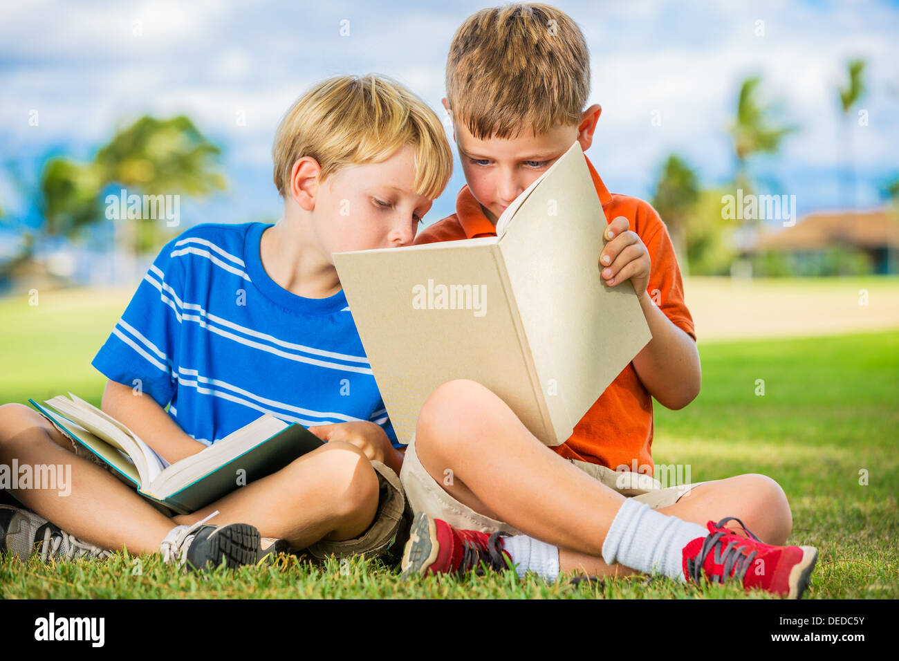 Happy Kids, Young Boys Reading Books Outside Together after School ...