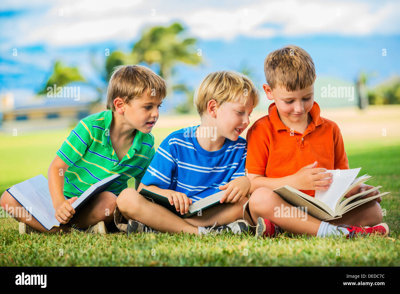 Happy Kids, Group of Young Boys Reading Books Outside Together after ...