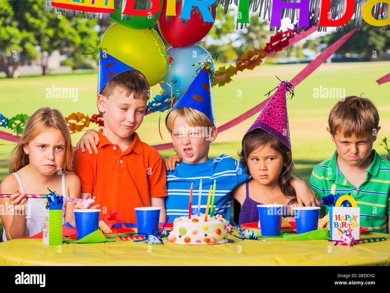 Kids at Birthday Party, Cake and Balloons Stock Photo - Alamy