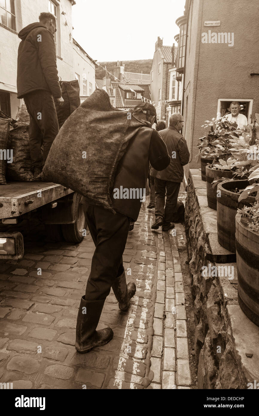 Coalman delivery coal in Staithes village on the North Yorkshire Stock ...