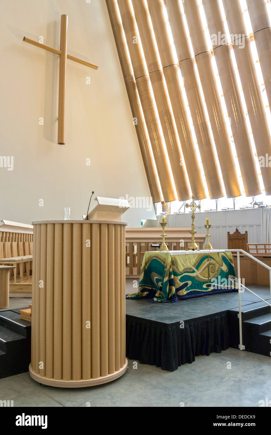 The altar, cardboard pulpit and cardboard cross inside the Cardboard ...