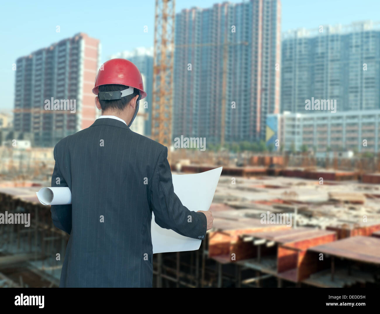 Rear view of architect looking comparing housing project with building ...